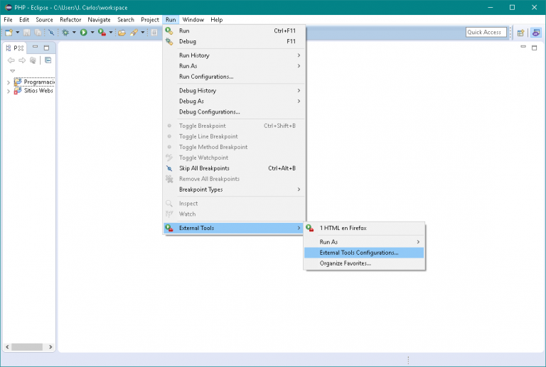 Menú Eclipse: External tool configuration | ZeppelinuX