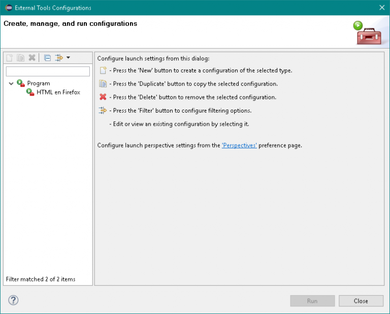 Eclipse: Administrador de external_tool configuration programs. HTML en Firefox | ZeppelinuX